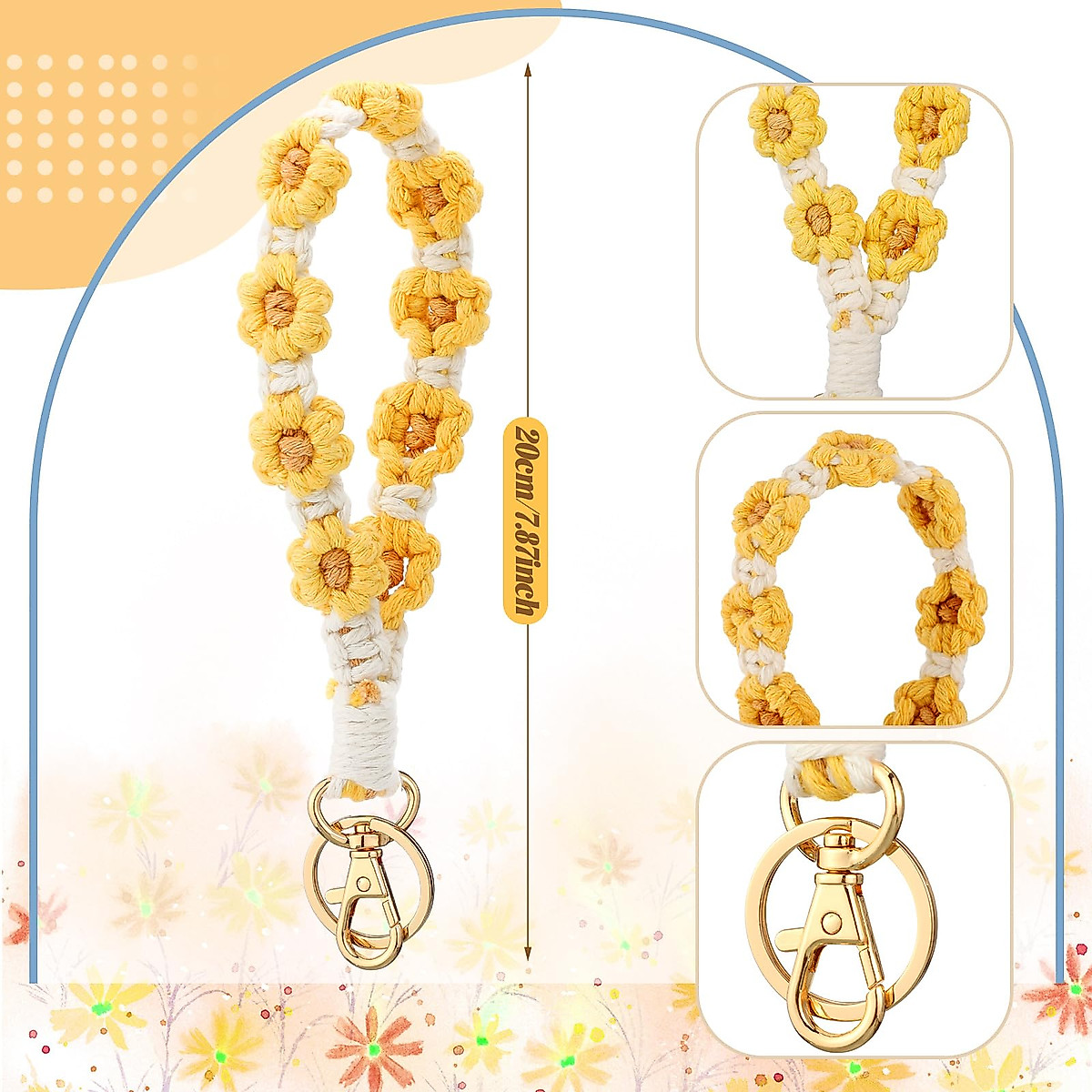 Landical 12 Pcs Boho Macrame Wristlet Keychain Flower Handmade Wristlet Keychain Cute Floral Keychain Daisy Flower Keychain (Classic Style)