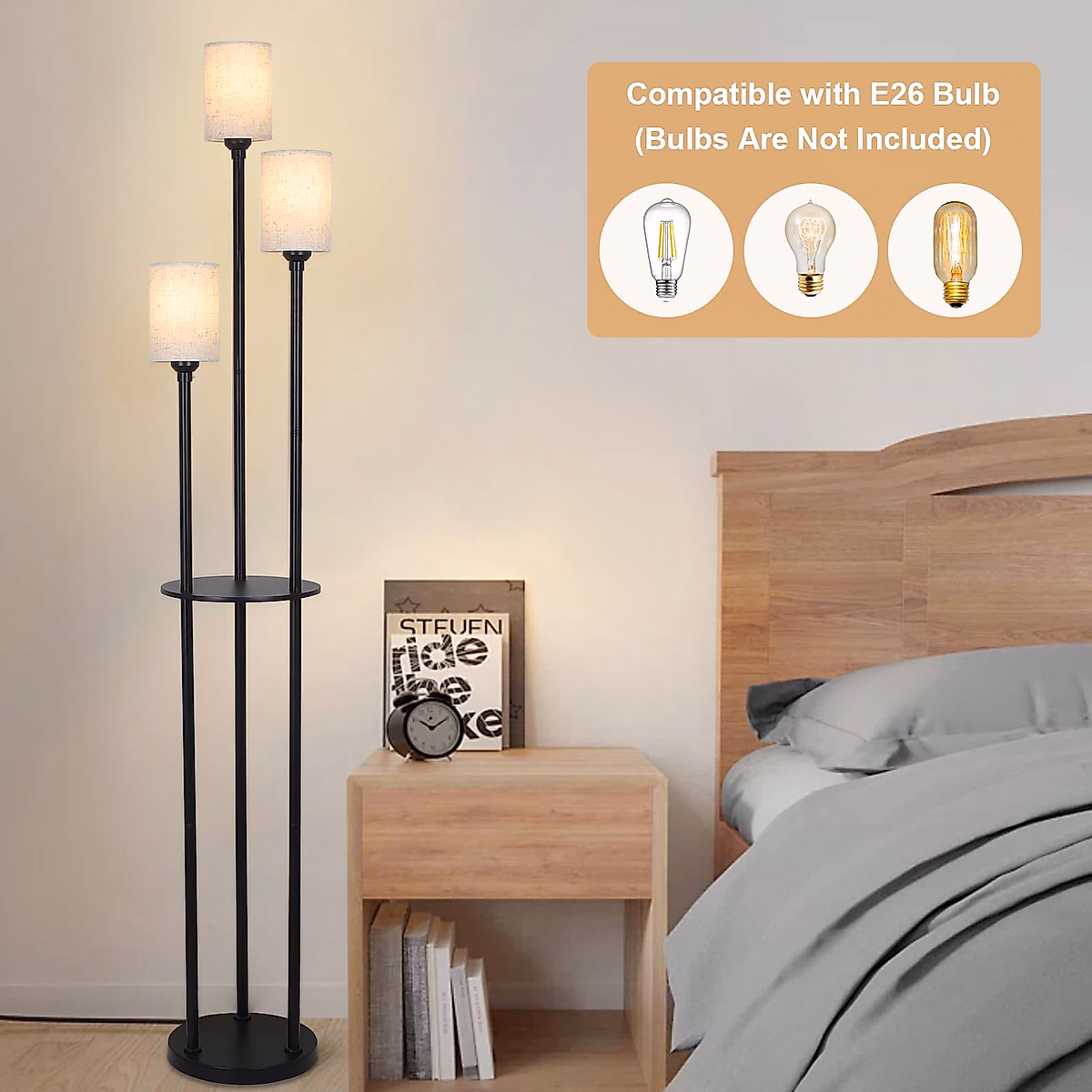 Stepeak Floor Lamp with Shelves, Modern Floor Lamps for Living Room, 3-Lights Standing Lamp with Linen Shade and Foot Switch, Industrial Standing Lamps for Bedroom, Black Tall Table Lamp for Office