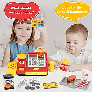 Pretend Play Calculator Cash Register Toy, Supermarket Shop Toys Cashier Registers with Scanner, Microphone, Play Food, Credit Card, Money - Pre-School Gift for Kids, Toddlers, Boys & Girls, Ages 3+