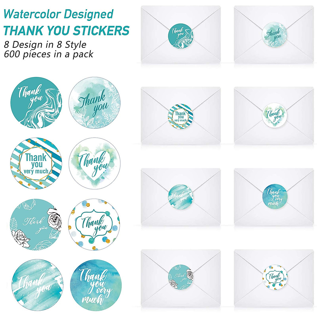 600 Pieces Thank You Roll Stickers Blue Watercolor Thank You Adhesive Stickers Business 1.5 Inch Thank You Envelope Sealing Stickers for Business Bridal Baby Shower Wedding, 8 Designs