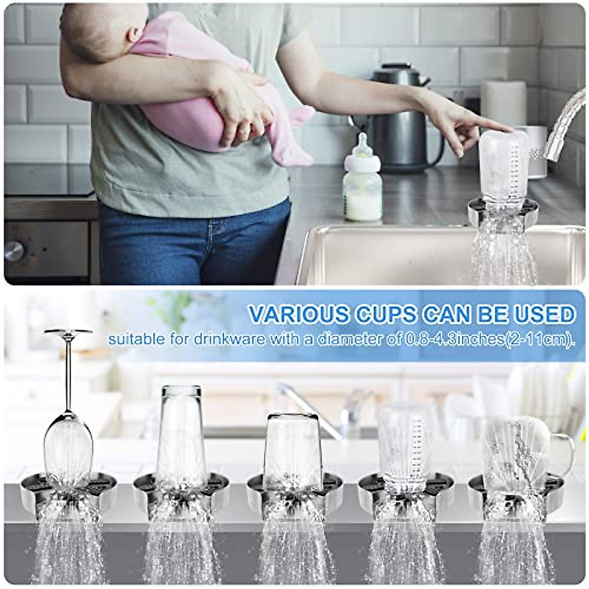 Glass Rinser for Kitchen Sink,Glass Washer with 360 ° Rotation,304 Stainless Steel Faucet Cup Washer,Sink Accessories for Coffee Shop Bars (Silver)