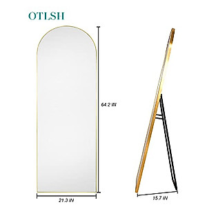 Otlsh Floor Mirror, Arched Full Length Mirror with Stand, Standing Mirror, Full Body Mirror, 64.2"×21.3" Large Mirror, Wall Mirror, Freestanding, Wall Mounted, 1.1" Thickness Aluminum Frame - Gold