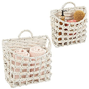 mDesign Woven Hyacinth Hanging Wall Mount Storage Organizer Basket - Rustic Hangable Mounted Market Baskets for Kitchen, Bathroom, Shelf - Holds Floral, Food, and Mail - Set of 2 - White Wash