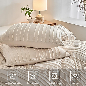 WARMDERN Khaki Boho Duvet Cover Set Queen Size, Striped Textured Tufted Bedding Set, 3 Piece Soft Washed Microfiber Duvet Cover with Zipper Closure (Khaki)