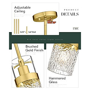 LMS Gold Pendant Light, 1-Light Pendant Lighting for Kitchen Island with Hammered Glass, LMS-171