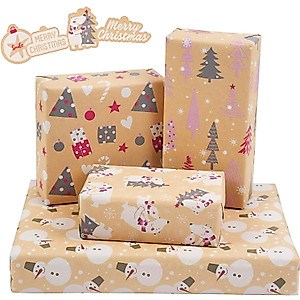 BIOBROWN Christmas Wrapping Paper Large Sheet Kraft Wrapping Paper for Christmas Folded Flat 27.5 inch X 39.4 inch per Sheet Total 4 Sheets