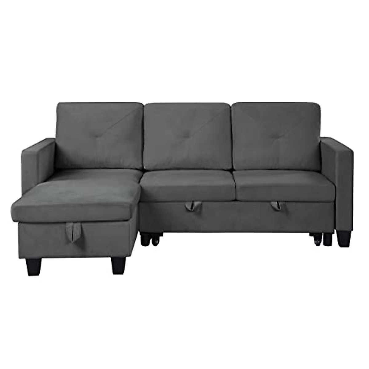 RITSU Reversible Velvet Sleeper Sectional Sofa with Storage Chaise and Side Pocket, L-Shape Corner Couch with Arms for Living Room, Home Furniture, Apartment, Dorm, Dark Gray 3