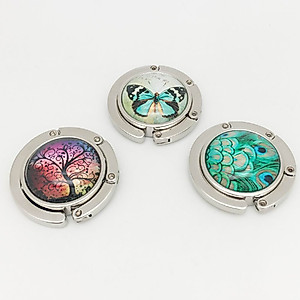 ROFLYER Purse Hook Set of 3 - Butterfly,Wish Tree,Peacock Foldable Handbag Hanger Safer Cleaner Bag, Fold Up for Easy Storage,Folding Table Hanger, with Velvet Pouch