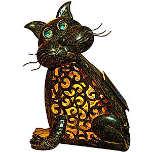 A-FFORDABLE Outdoor Garden Yard Landscape Decorations Cat Lamp 3D Christmas Yard Feline Metal Figures Solar Power Amber LED Light