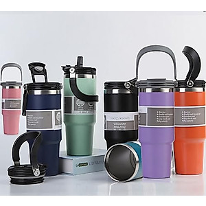 Insulated Straw Mug, 30 oz Anti-Leak Tumbler with 3-Way Lid: Sip, Straw, or Pour - Stainless Steel Travel Coffee Mug Fit Cupholder with Easy-to-carry Handle (Black)