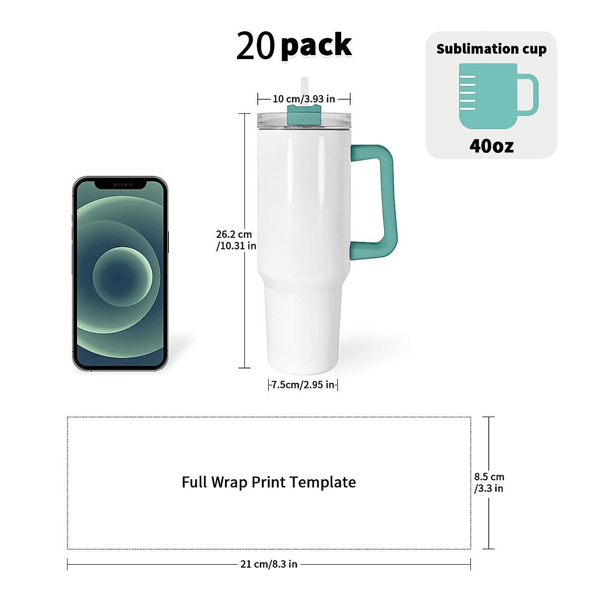 Icesip 40 oz Sublimation Tumblers 20 Pack with 5 Color Handle Lid and Straw Stainless Steel Double Wall Vacuum Insulated Travel Mug Cup Bulk Sublimation Blank for DIY Gift