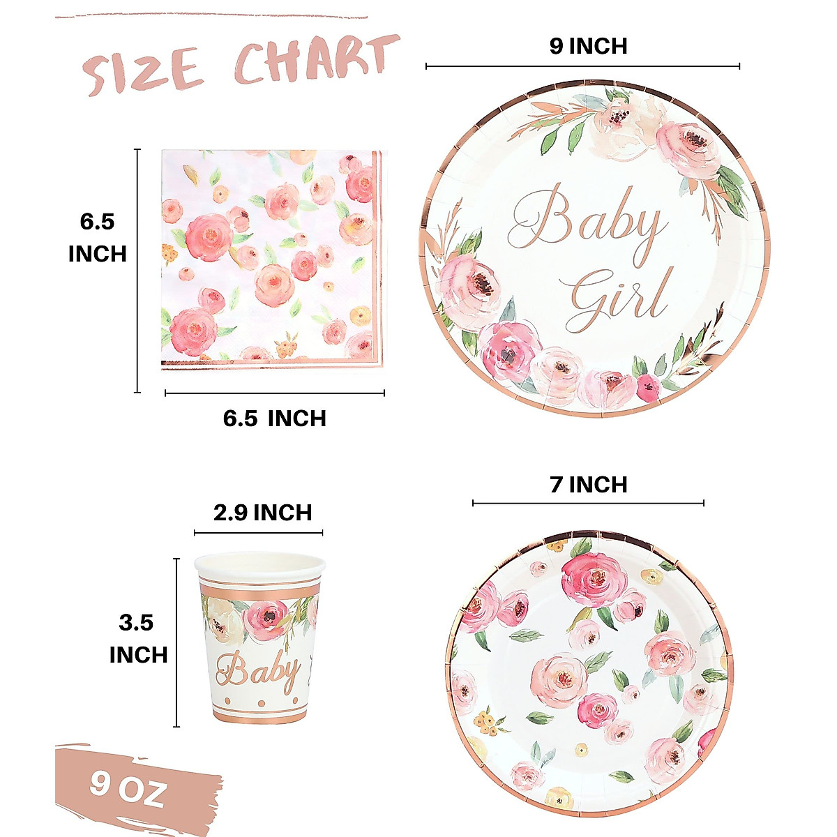 Rose Gold Baby Shower Plates and Napkins Girl - Serves 16 - Floral Baby Shower Decorations for Girl Baby Shower Favor Decor Party Supplies