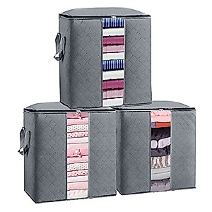 3 Pieces 90L Blanket Storage Clothing Storage Bag Foldable Non-Woven Bag Reinforced Transparent Window Moisture-Proof And Waterproof Reinforced Handle Double-Stitched Zipper Gray