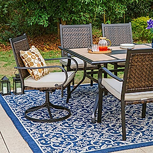 HERA'S HOUSE 7 Pieces Wicker Patio Dining Set, Rattan Outdoor Furniture Set for 6, 4 Dining Chairs, 2 Swivel Chairs, 1 Rectangular Wood Like Patio Table, All Weather Resistant for Lawn Garden Backyard