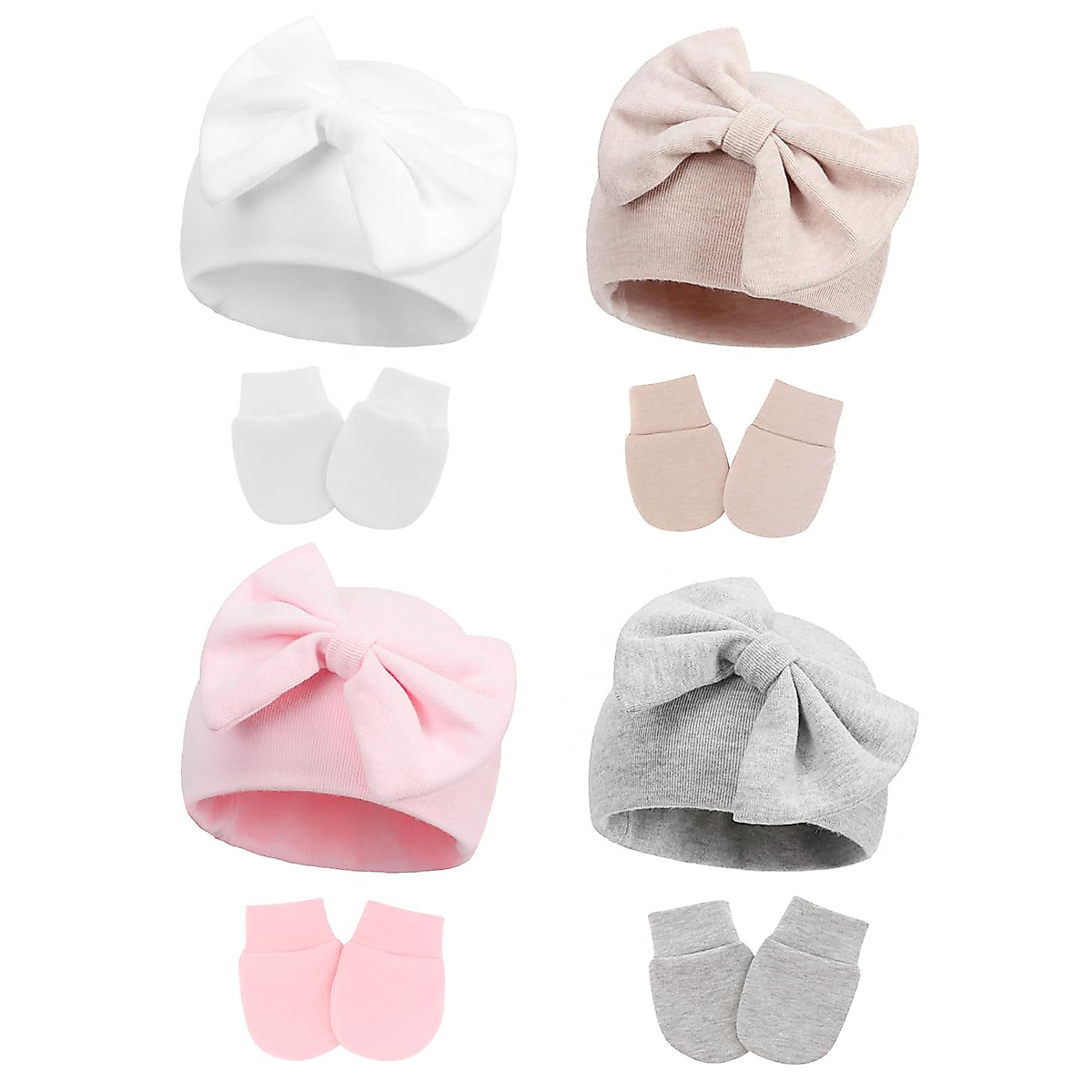 ZURLEFY Baby Girl Hats and Mittens Set for 0-6 Months, Newborn Hospital Hats with Bow for Infant Baby No Scratch Cotton Mittens Set(31-08)