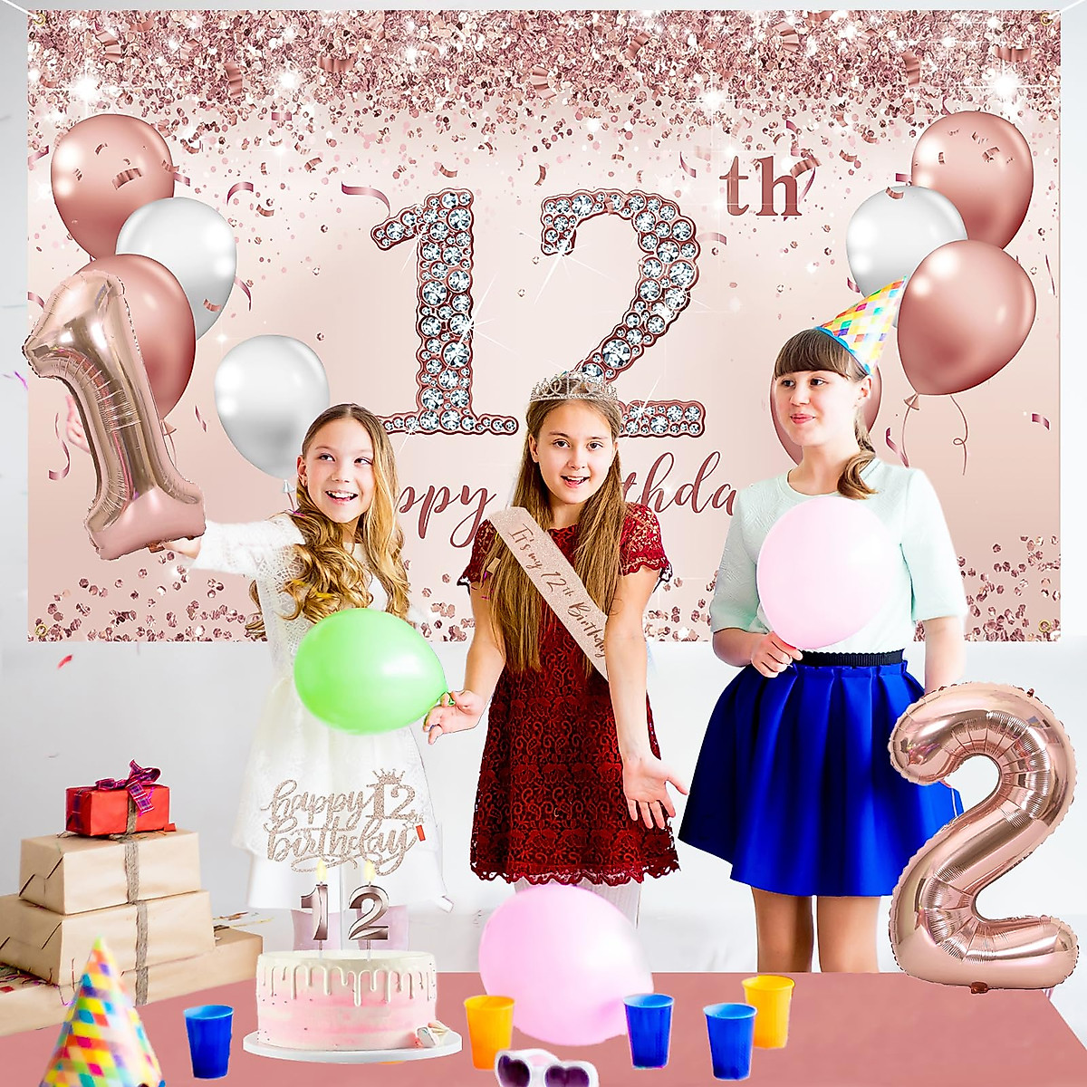 Trgowaul 12th Birthday Decorations Party Set for girls, Rose Gold 12 Birthday Banner and Tablecloth, 12& Fabulous Sash and Tiara, 1PC Happy 12th Birthday Cake Topper, Pink Gold 12 Number Balloons