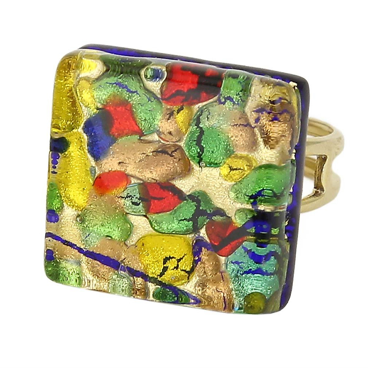 Glass Of Venice Murano Glass Ring 3/4-Inch - Square Adjustable Size Ring in Gold, Red, and Green, Lined with Gold Leaf. Blown Glass - Murano Glass Rings for Women Handmade in Italy