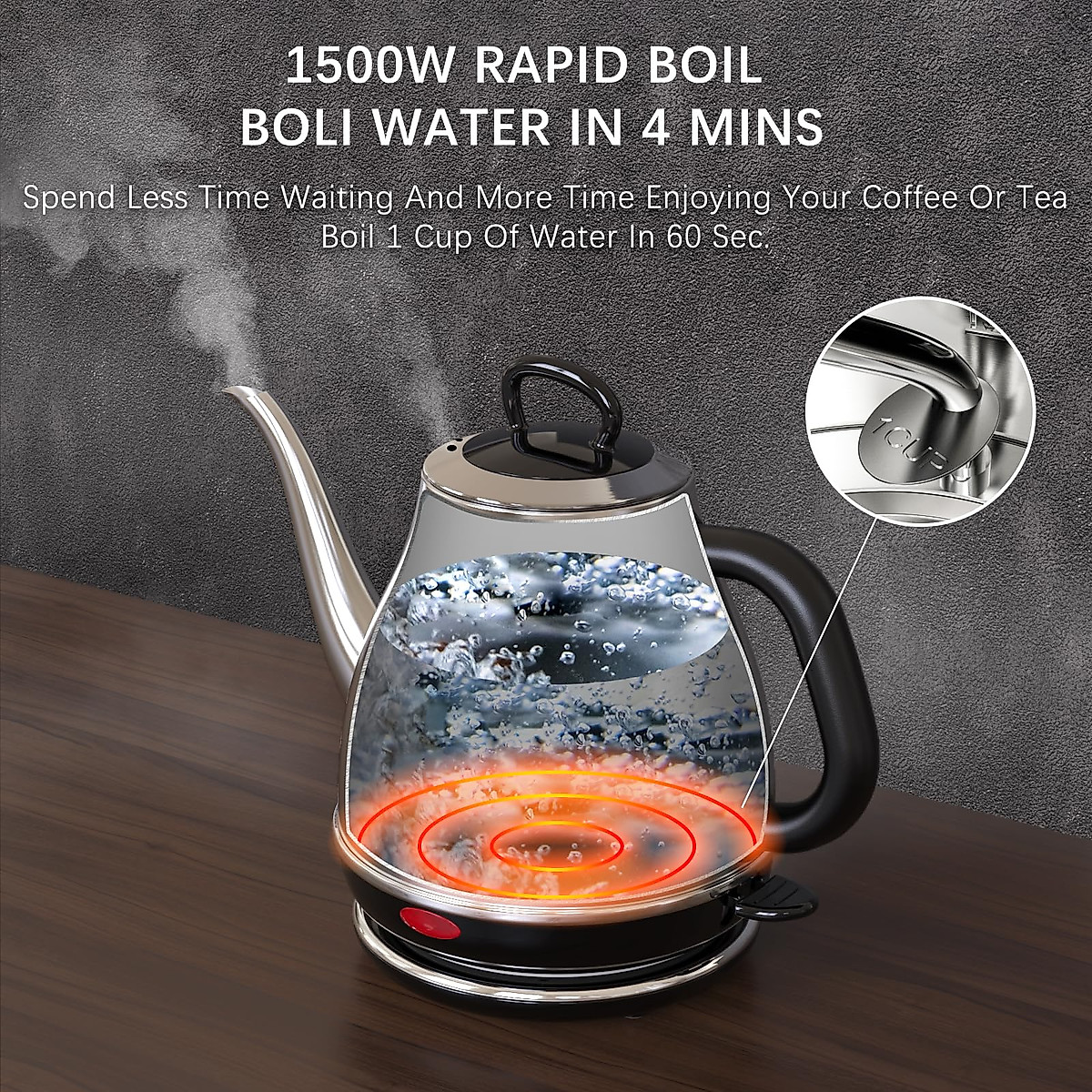 Anfilank Electric Gooseneck Kettle, 1L 1500W Fast Boil, 100% Stainless Steel BPA Free Pour-Over Coffee & Tea Kettle, Water Boiler with Auto Shut & Boil-Dry Protection, Silver