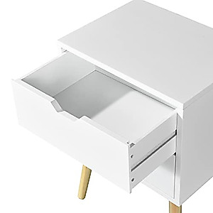 MACHOME NightStand, Bedside 2 Drawers and Rubber Wood Legs, Mid-Century Modern Storage Cabinet, End Side Table, for Bedroom Living Room Furniture, White