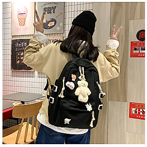 Timtram Kawaii School Backpack, Cute Aesthetic for Teen Girl Boy Aesthetic, Bag Laptop College Free Plush Pendant & Pins (Black)