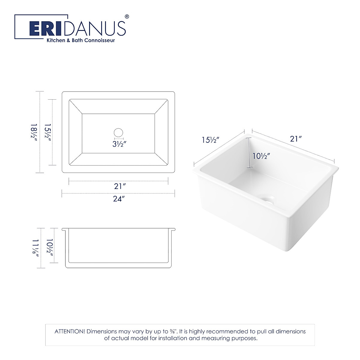 Drop in Kitchen Sink, Eridanus 24" x 18" Undermount Kitchen Sink 24 Inch Fireclay Sink Dual Mount White Kitchen Sink Topmount Deep Single Bowl with Bottom Grid and Strainer Drain
