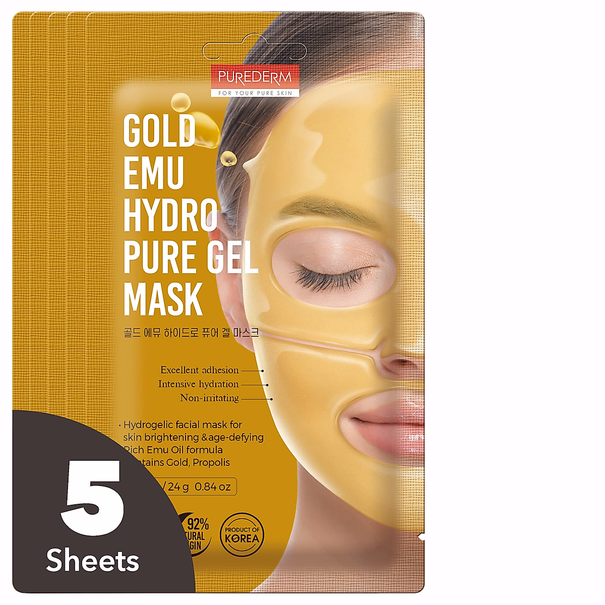 Purederm Gold Emu Hydro Pure Gel Mask (5 Pack) Hydrogel Face Mask for Nourishing & Revitalizing
