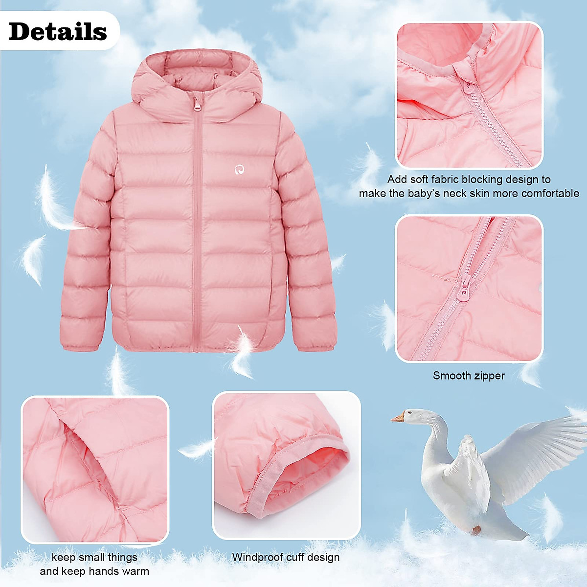 Bouclede Toddler Baby Girls Goose Down Jackets Kids Pink Puffer Jacket 750 Fill Light-Weight Water-Resistant Hooded Winter Down Coat