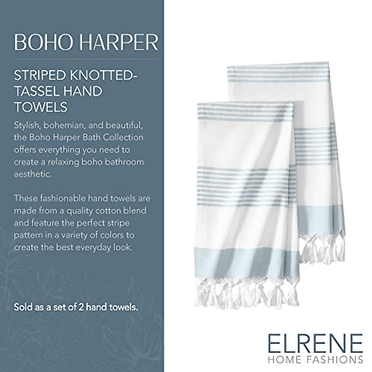 Elrene Home Fashions Boho Harper Stripe Knotted-Tassel Hand Towels, 16 Inches by 30 Inches, Set of 2, Cotton, Spa Blue