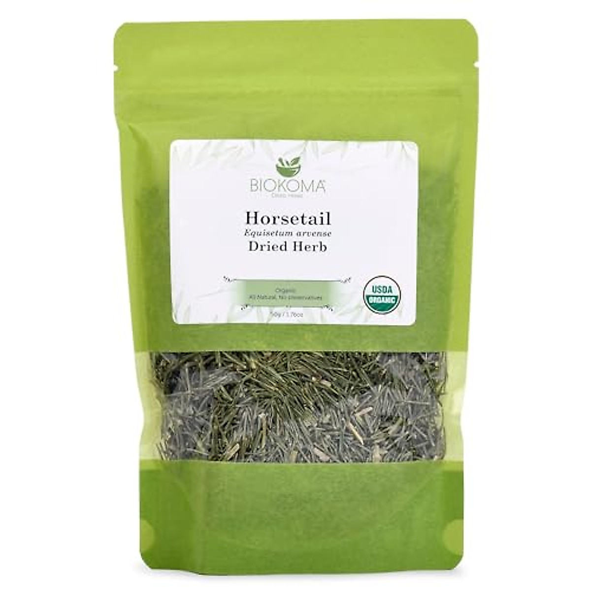 Pure and Organic Biokoma Horsetail Herb Organic Dried Leaves in Resealable Pack Moisture Proof Pouch, Horsetail Tea Organic 50g USDA Certified Organic, No Additives, No Preservatives, No GMO