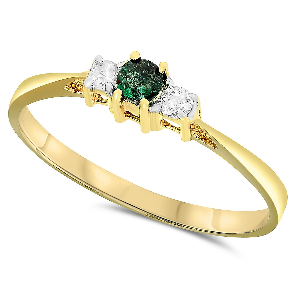 14k Yellow Gold Green Emerald Gemstone & Diamond 3 Stone Promise Stackable Ring May Birthstone Jewelry For Women, Anniversaries, Valentines Day, Mothers Day (Emerald 0.10 Ct., Diamond 0.08 Ct.) Size 7