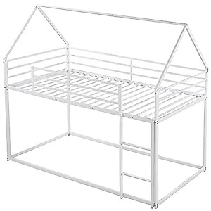 Merax Modern Heavy Metal House Low Bunk Bed Twin Over Twin, Montessori Floor Bunk Bed Frame with Full-Length Guardrail/No Box Spring Needed White