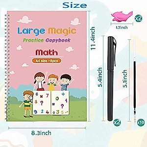 Monking 4Pc Large Magic Practice Copybook for Kids,Handwriting Practice Book 4 Pack with Pen Refill English Cursive Calligraphy Reusable Age 3-8 ，11.4x8.3Inch (4pc+2 pen)