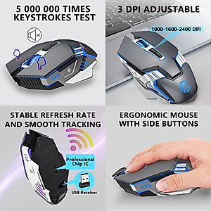 SHUNJINRUN Bluetooth Mouse, Rechargeable Wireless Mouse with 7 Buttons, RGB, 3 Modes, Ergonomic Computer Mouse for Laptop, Mac, PC, Chromebook, iPad, Tablet etc. - Gray