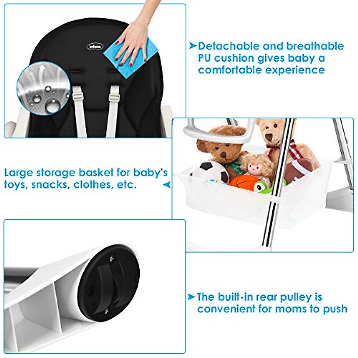 INFANS Foldable High Chair with Large Storage Basket - Adjustable Heights, Recline & Footrest, Removable PU Cushion, Detachable Double Trays, 5-Point Safety Harness for Baby, Infants & Toddlers