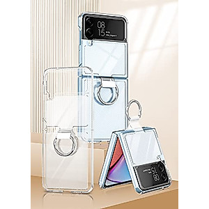 MAKAVO for Samsung Galaxy Z Flip 4 Clear Case with Ring Holder, [Upgraded] Slim Thin Crystal Hard PC Shockproof Protective Phone Cover for Flip4 5G 2022