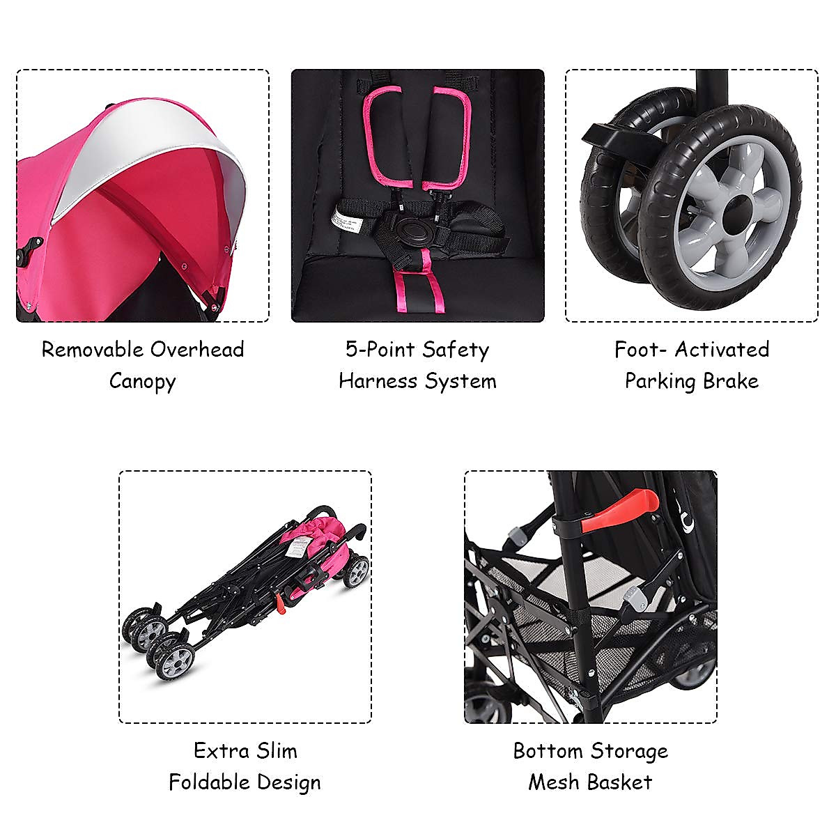 HONEY JOY Baby Lightweight Stroller, Compact Travel Stroller for Airplane, Adjustable Backrest & Canopy, 5-Point Harness, Cup Holder, Storage Basket, Foldable Umbrella Stroller for Toddlers (Pink)