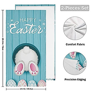 Cute Easter Bunny Bottom Bath Hand Towels Blue Wooden Board Guest Fingertip Towel 2 Pack for Bathroom 14x28 in, Soft Multipurpose Decorative Kitchen Dish Towels Set Washcloth for Beach Spa Gym Sport