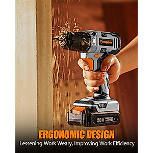 WORKSITE Cordless Drill/Driver Kit, 20V MAX 3/8" Compact Drill Set with 2.0A Battery, Charger, 309 In-lbs Max Torque, 24pcs Accessories for Drilling Wood Metal