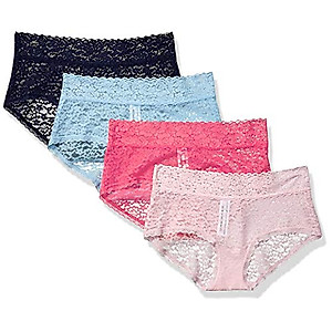 Amazon Essentials Women's Comfortable Lace Stretch Hipster Underwear, Pack of 4, Blue/Pink, Medium