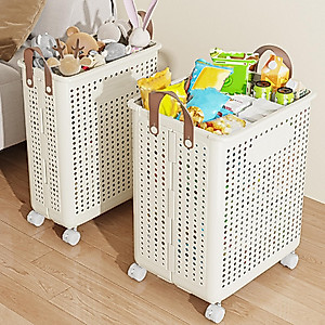 SamFansar Laundry Basket with Wheels, Large Capacity Handle Design, Waterproof Dirty Clothes Storage Hamper Laundry Basket with Breathable Mesh Holes White-L