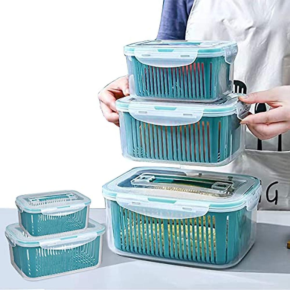 5 Pack Produce Saver Refrigerator Organizer Bins, 3-in-1 Multifunctional Draining Crisper with Strainers, Fresh-Keeping Container Storage Containers for Produce, Fruits, Vegetables, Meat and Fish (5)