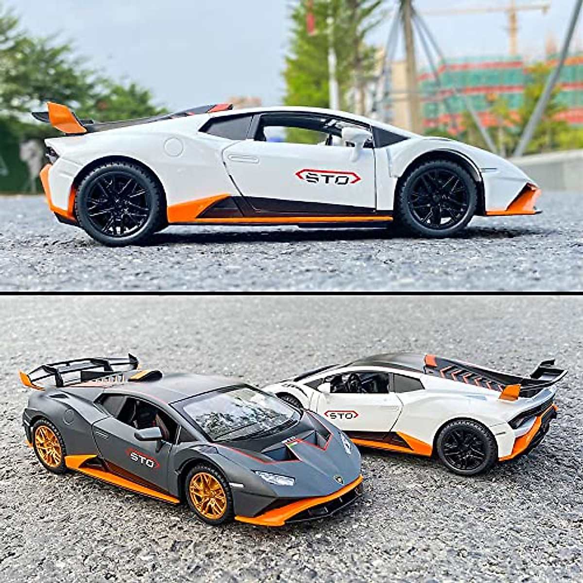 1:24 Alloy Diecast Car Model for Lamborghini Huracan STO 2021 Toy Car, Pull Back Vehicles Model Cars Toy for Kids 3 to 12 Years Old Gift Adult Collection Car Model with Sound & Light (Advanced Grey)