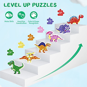 FLYINGSEEDS 6 Packs Dinosaur Wooden Shaped Jigsaw Puzzles for Toddlers Ages 1 2 3, Level-up Puzzles for Beginner, Montessori Learning Toys Preschool Educational Activity for Kids Ages 2-5