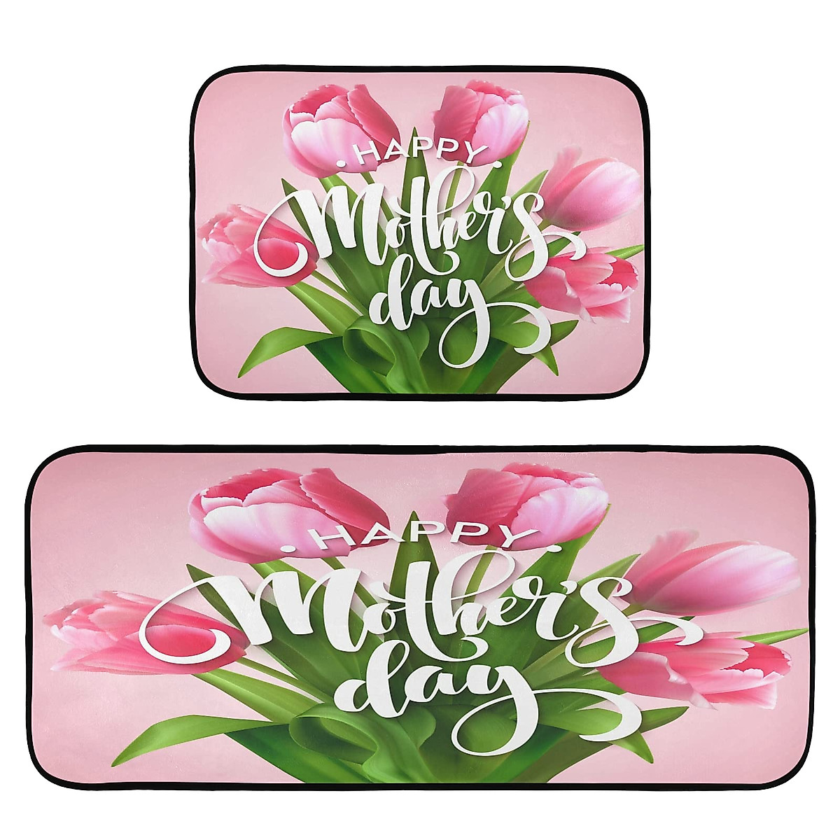 ALAZA Happy Mother's Day Pink Tulip Flower Floral 2 Piece Kitchen Rug Floor Mat Set Runner Rugs Non-Slip for Kitchen Laundry Office 20" x 28" + 20" x 48"