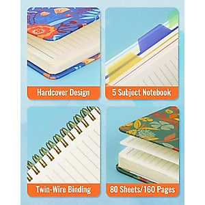 Spiral Notebooks 5 Subject 5-Pack College Ruled Hardcover with Removable Dividers 160 Pages/80 Sheets Each, A5(8.5 "x 5.7") Cute Blooming Floral, for Students Office Business Diary Book