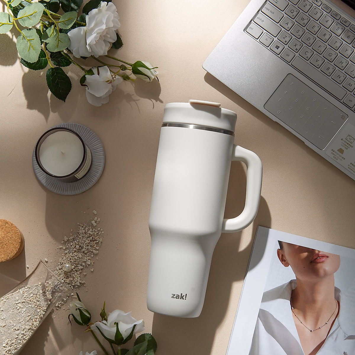 Zak Designs Harmony 2-in-1 Coffee Tumbler for Travel or At Home, 40oz Recycled Stainless Steel is Leak-Proof When Closed and Vacuum Insulated with Handle (Linen White)