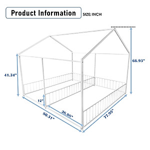PVWIIK Double Montessori Floor Bed with Fence & Roof for Two Kids Teens Boys Girls,Twin Floor Bed,Easy Assemble,No Box Spring Needed, White