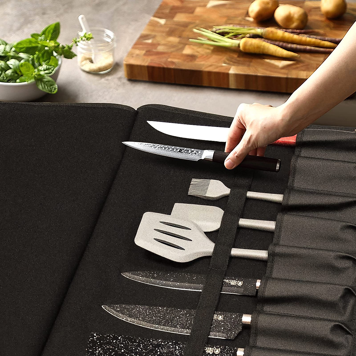 Alpen Outdooor Chef Knife Bag 9 Pocket Roll Bag Waterproof with PU Belt, Protable Cooking Tools bag, Culinary Gifts for Chefs & Students