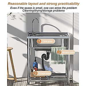 Free Standing Stainless-Steel Single Bowl Kitchen Sink Commercial Restaurant Sink with Faucet Combo with Strainerportable Handwashing Station for Restaurant Laundry Room Backyard (Color : Hot and col