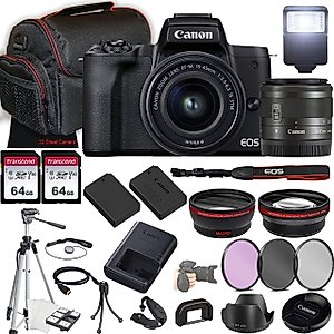 Canon EOS M50 Mark II Mirrorless Camera w/EF-M 15-45mm f/3.5-6.3 is STM Lens + 2X 64GB Memory + Case + Filters + Tripod + More (35pc Bundle) (Renewed)